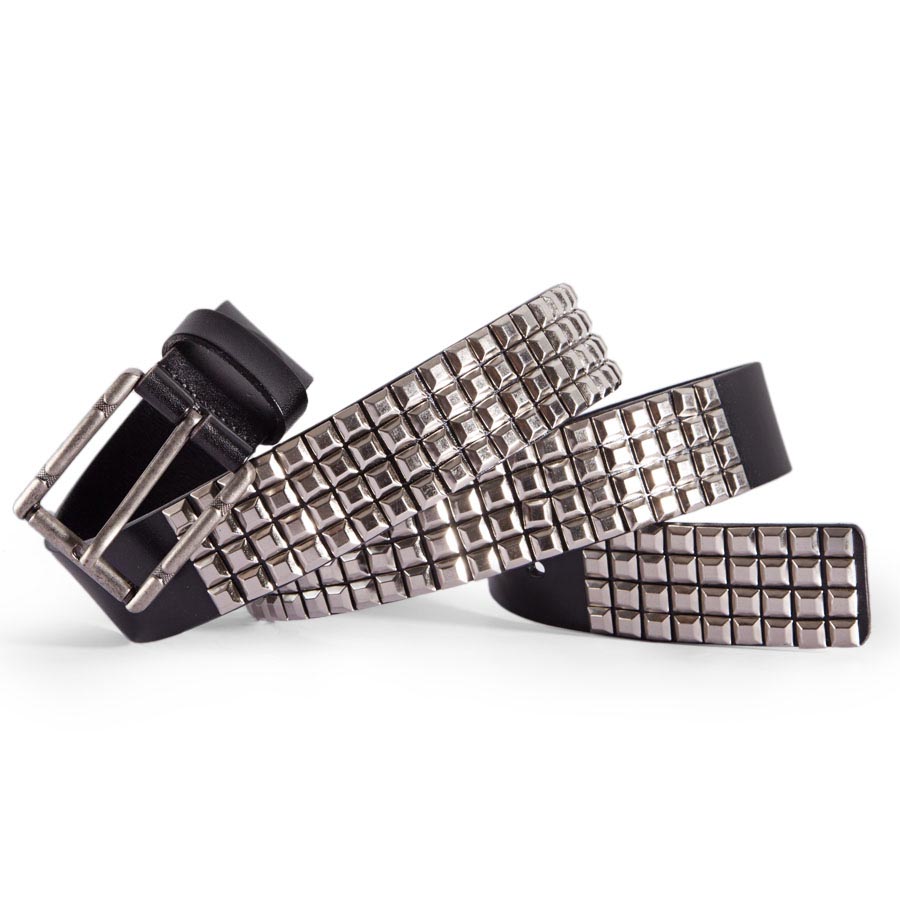 Pyramid Studded Belt 4 Rows Punk Rock Black and Silver | LATICCI